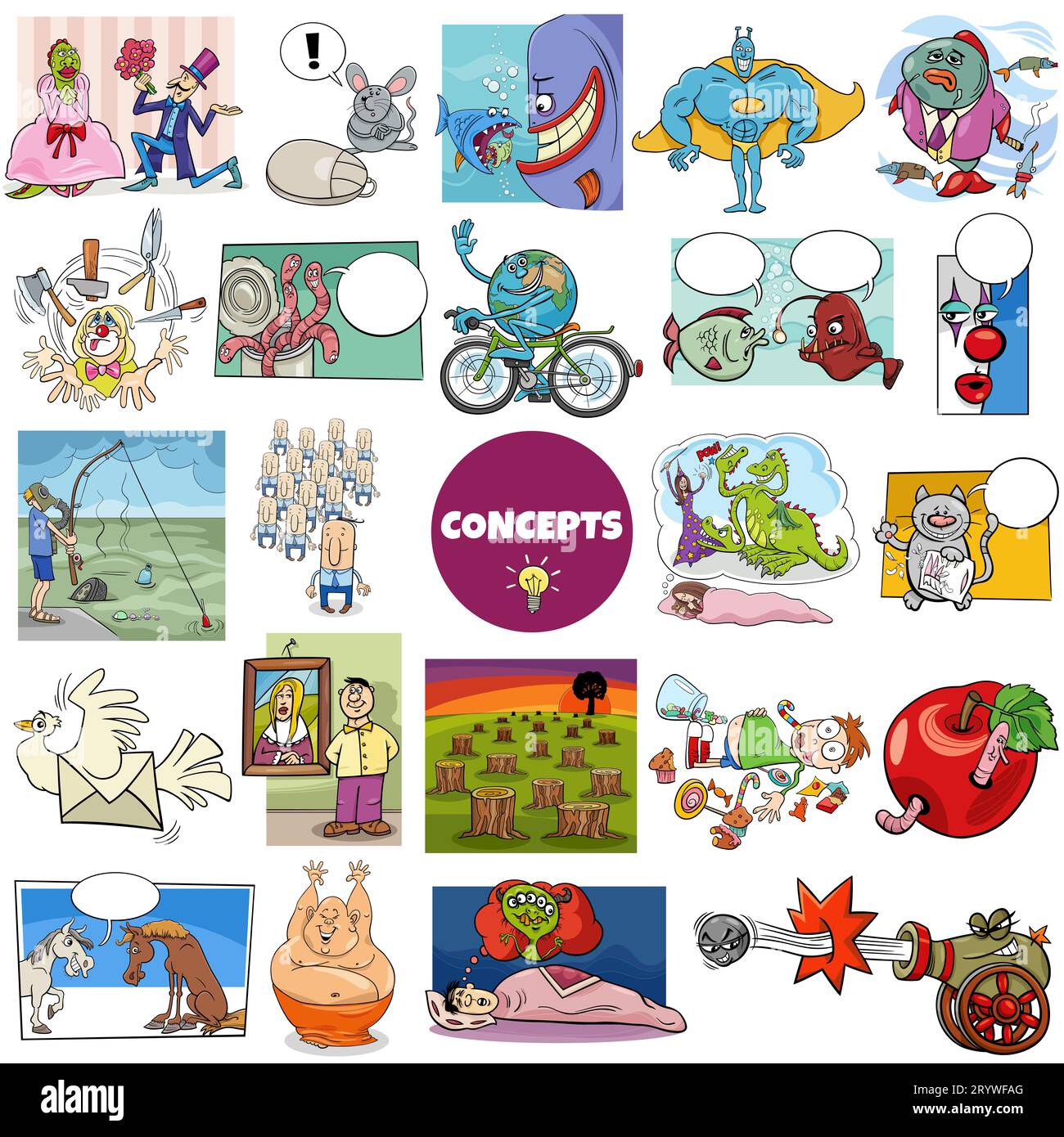 Illustration big set of humorous cartoon concepts or metaphors and ...