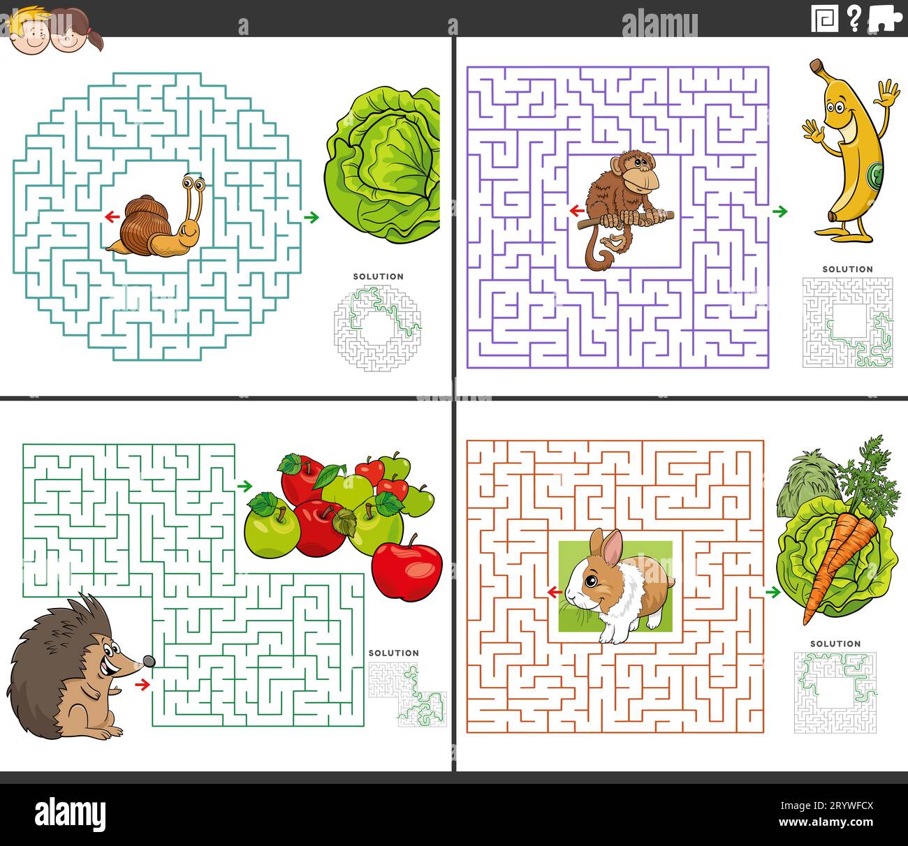 Cartoon illustration of educational maze puzzle activities set with ...