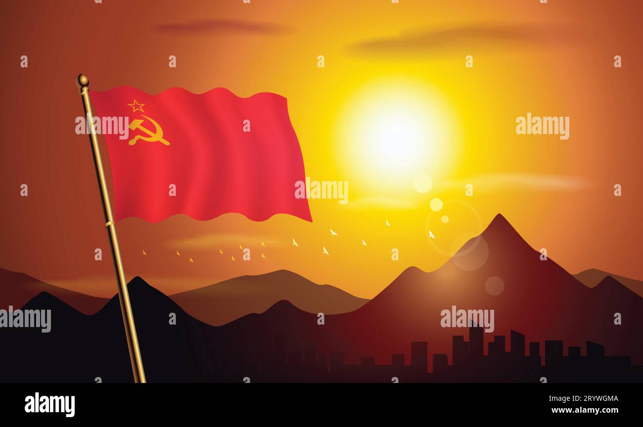 USSR flag with sunset background of mountains and lakes Stock Vector ...