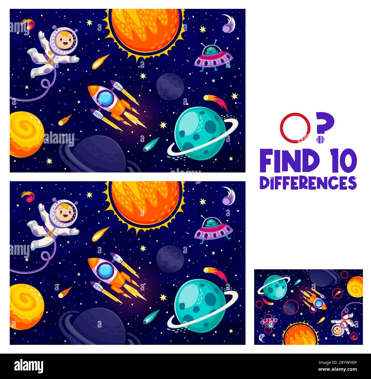 Find ten differences in solar system landscape with cartoon astronaut ...