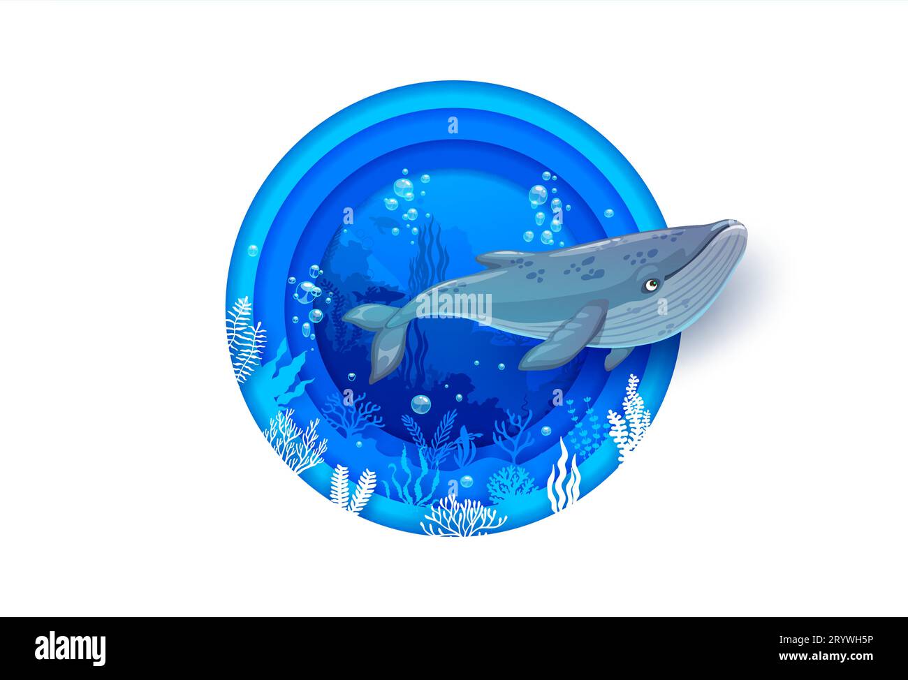 Sea paper cut banner with cartoon whale and ocean bottom silhouette ...