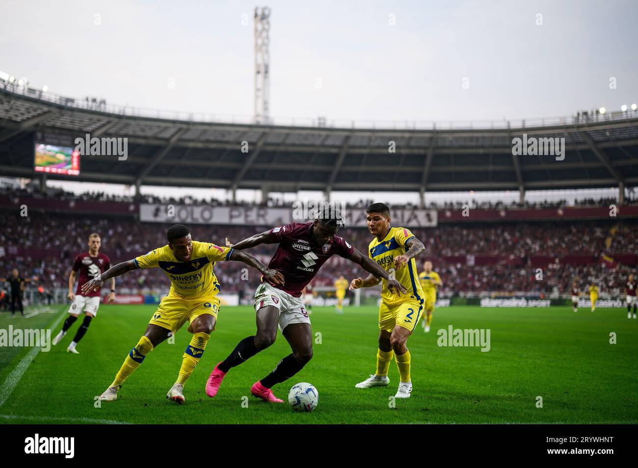 Turin, Italy. 2 October 2023. Duvan Zapata of Torino FC competes for ...