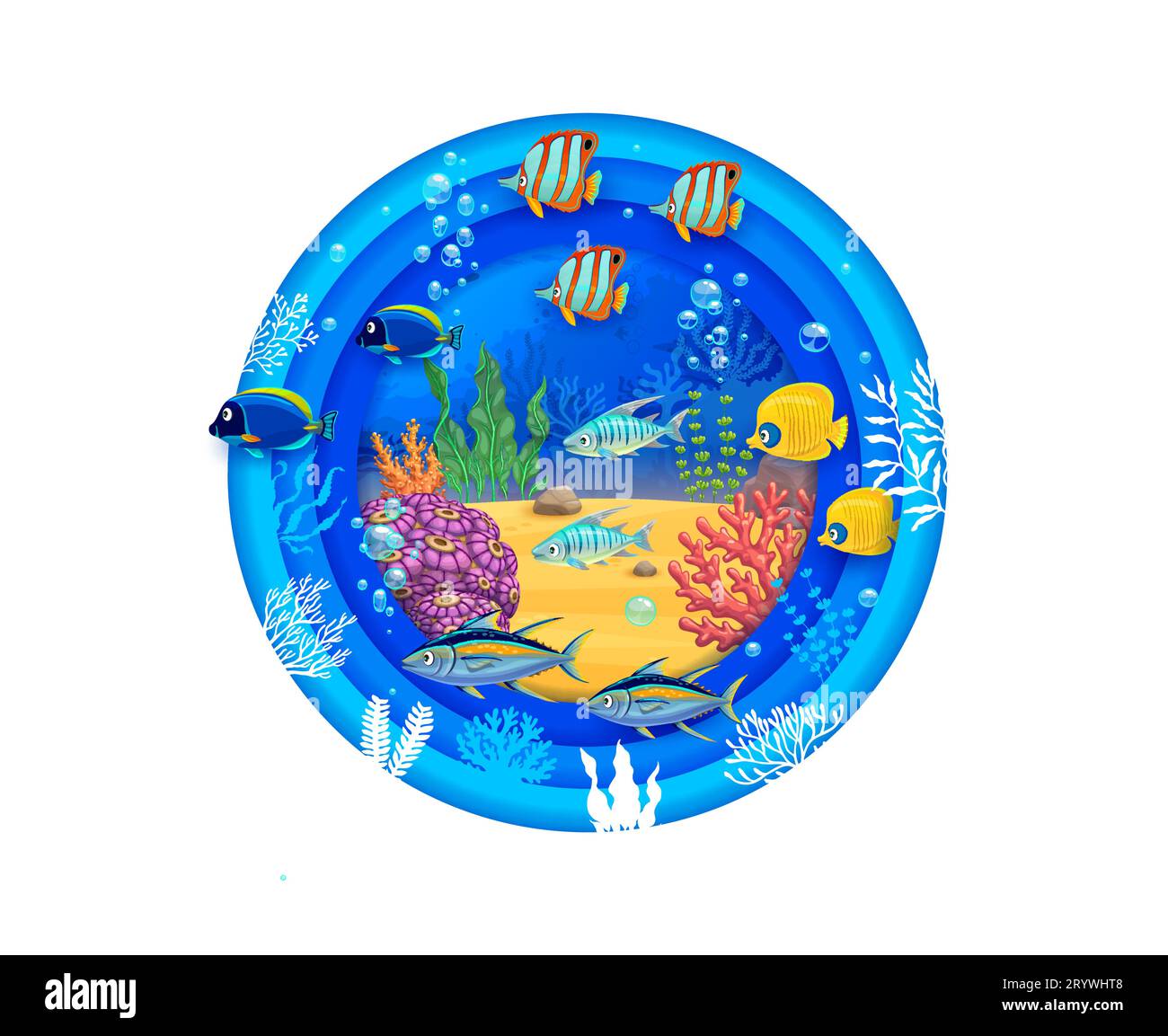 Tropical fish shoals, sea paper cut and underwater landscape, undersea ...