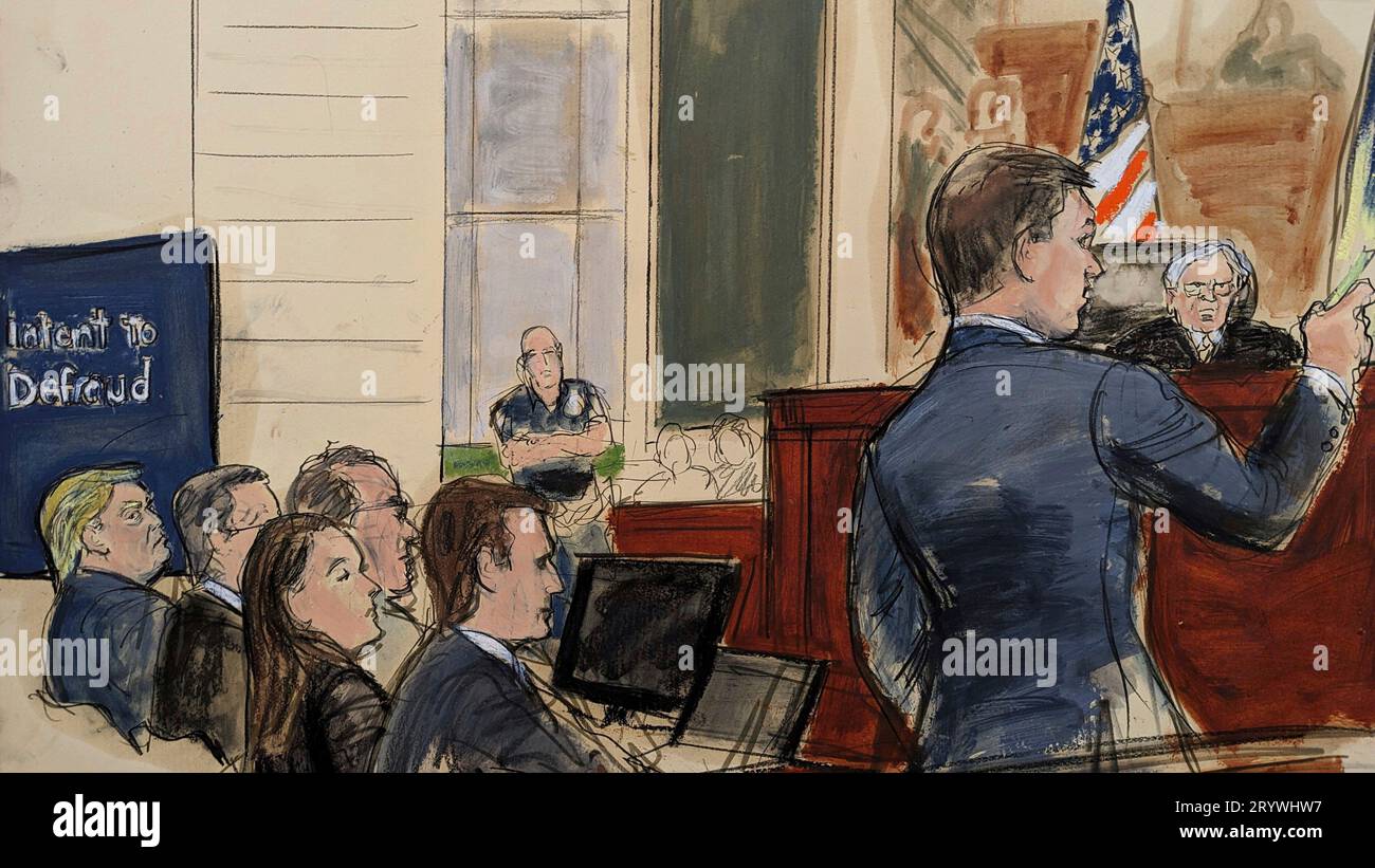 This courtroom sketch shows former President Donald Trump, far left ...