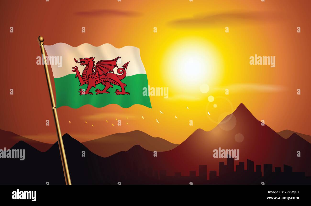 Wales flag with sunset background of mountains and lakes Stock Vector ...