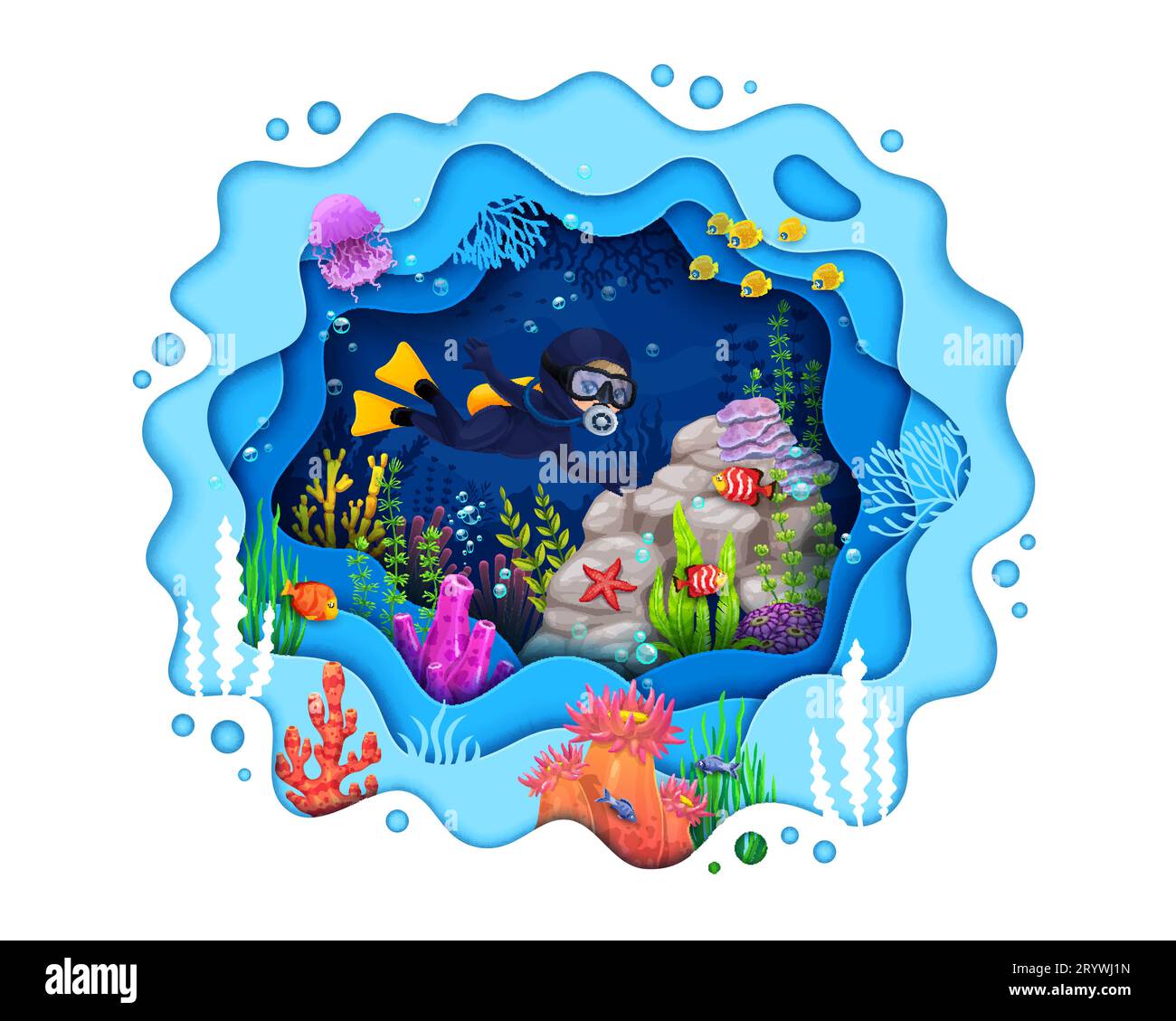 Cartoon sea bottom, paper cut underwater landscape and kid diver near ...