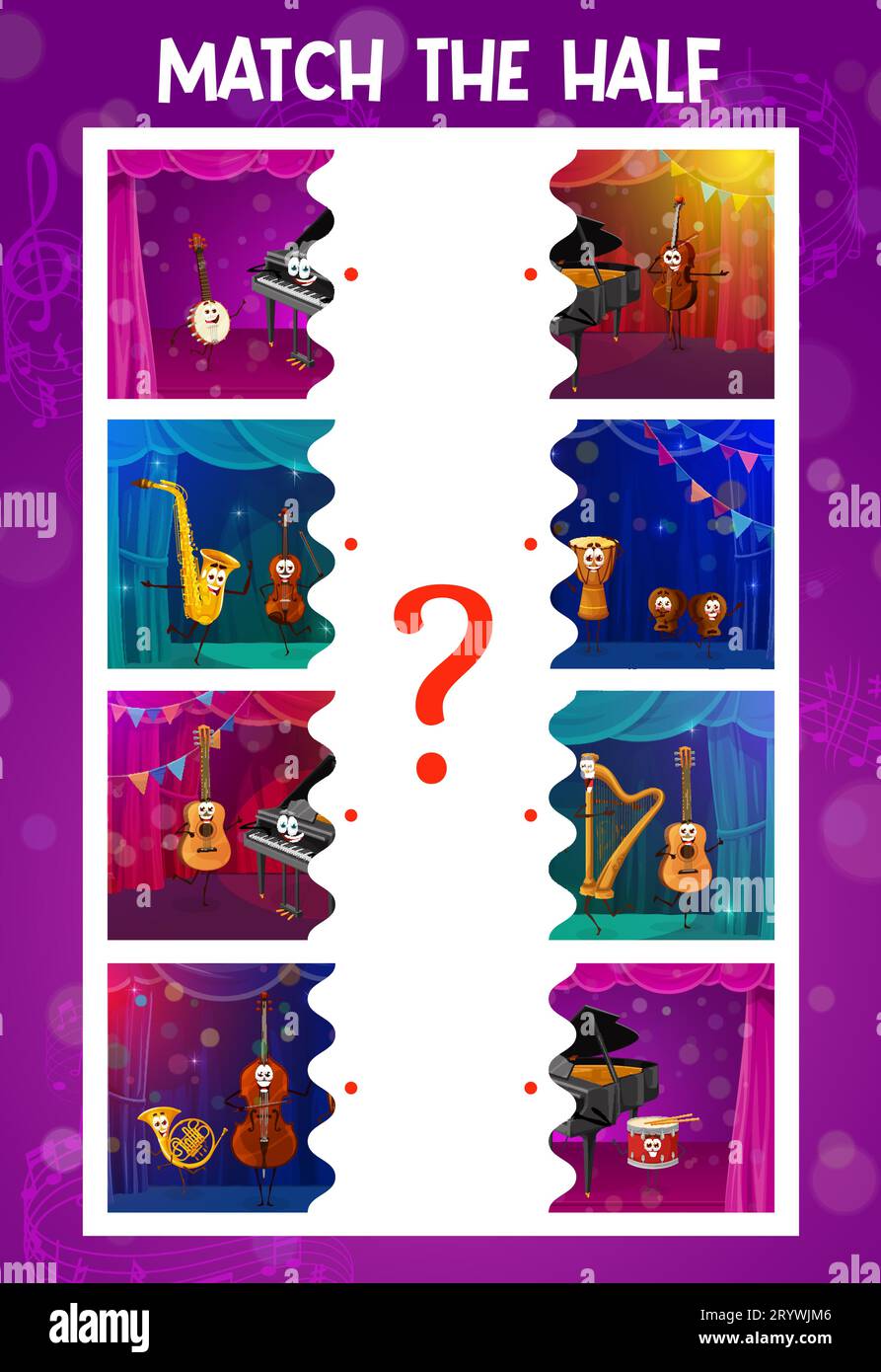Math the half game, cartoon musical instruments characters on stage ...