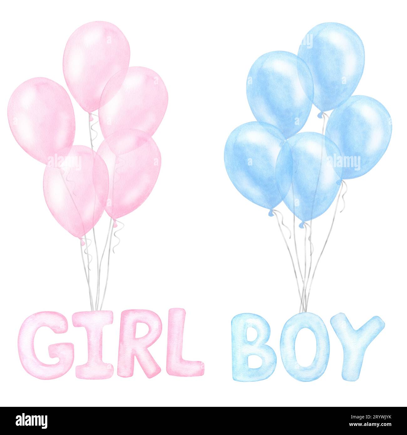 Blue pink balloons bundle, words boy girl, birthday surprise. Hand ...