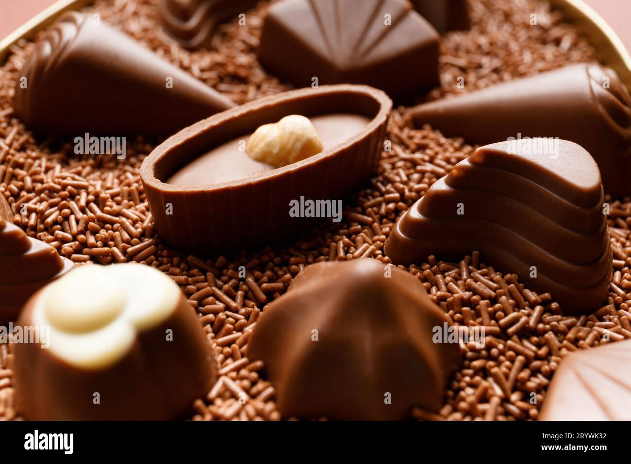 Beautifully shaped milk chocolate sweets dipped in chocolate chips ...