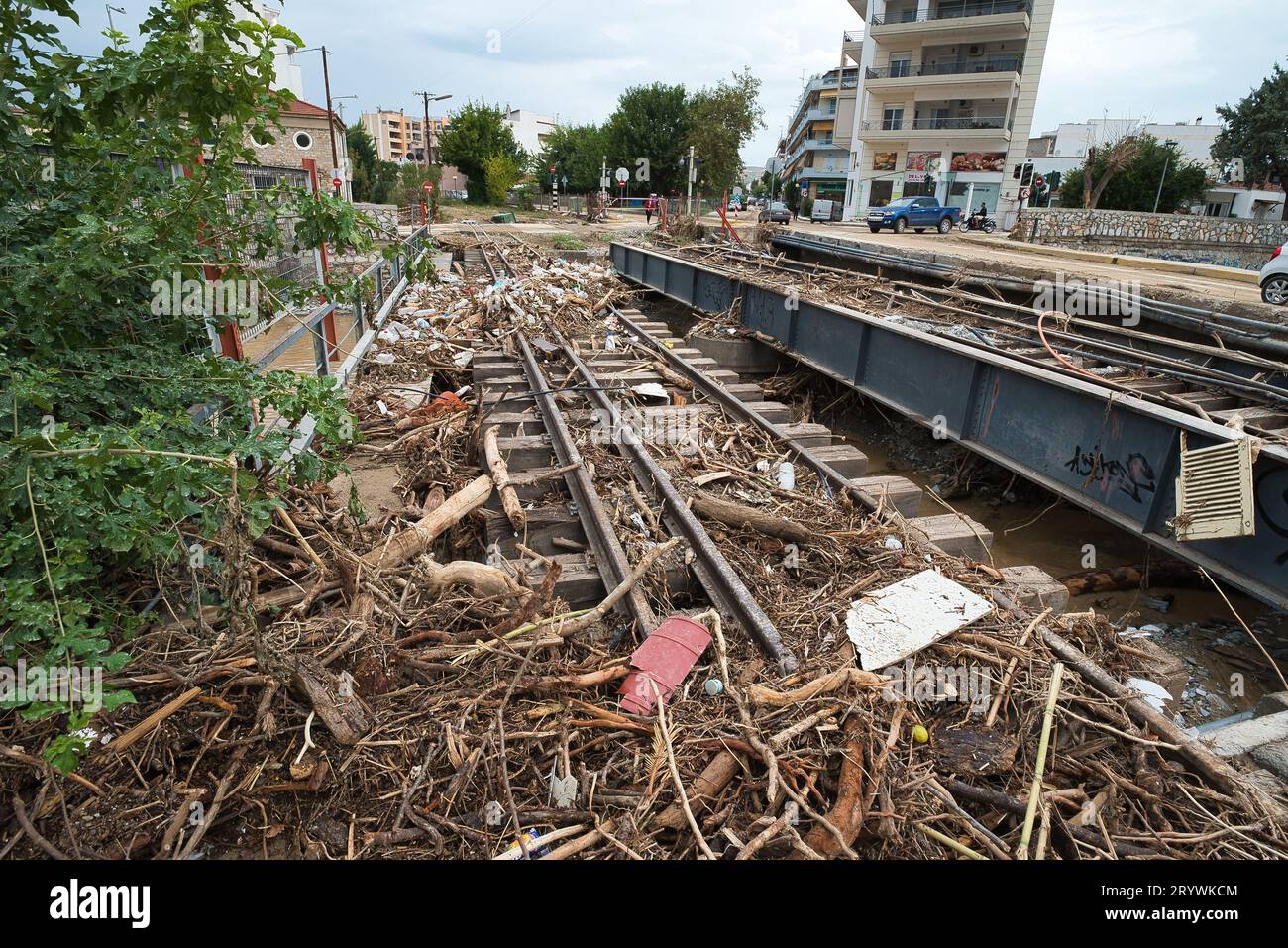 destruction of railway lines, Volos, Greece. Storm Elias. The day after ...