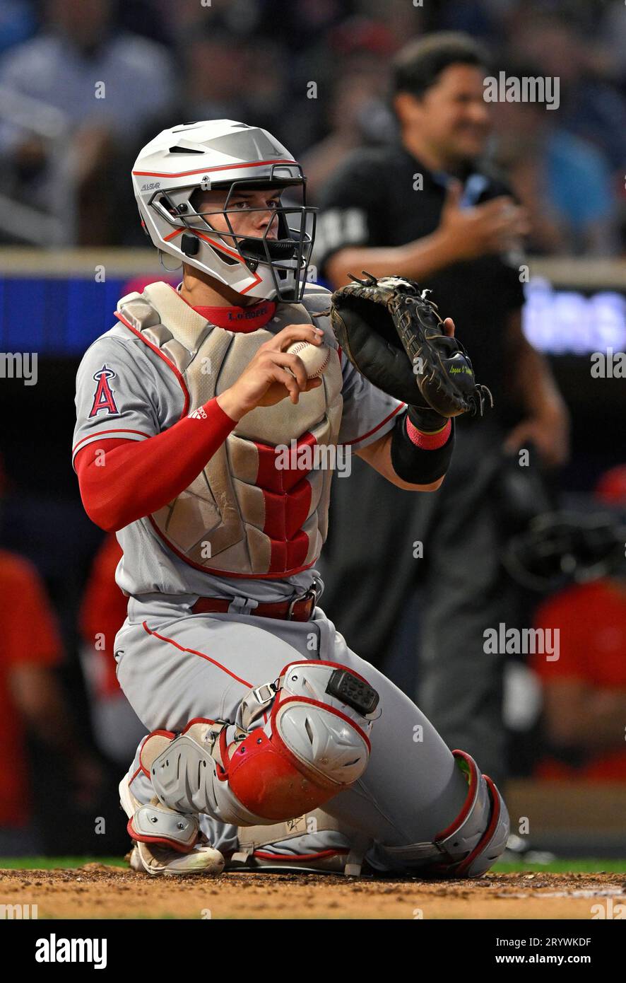 MINNEAPOLIS, MN - SEPTEMBER 22: Los Angeles Angels Catcher Logan O ...