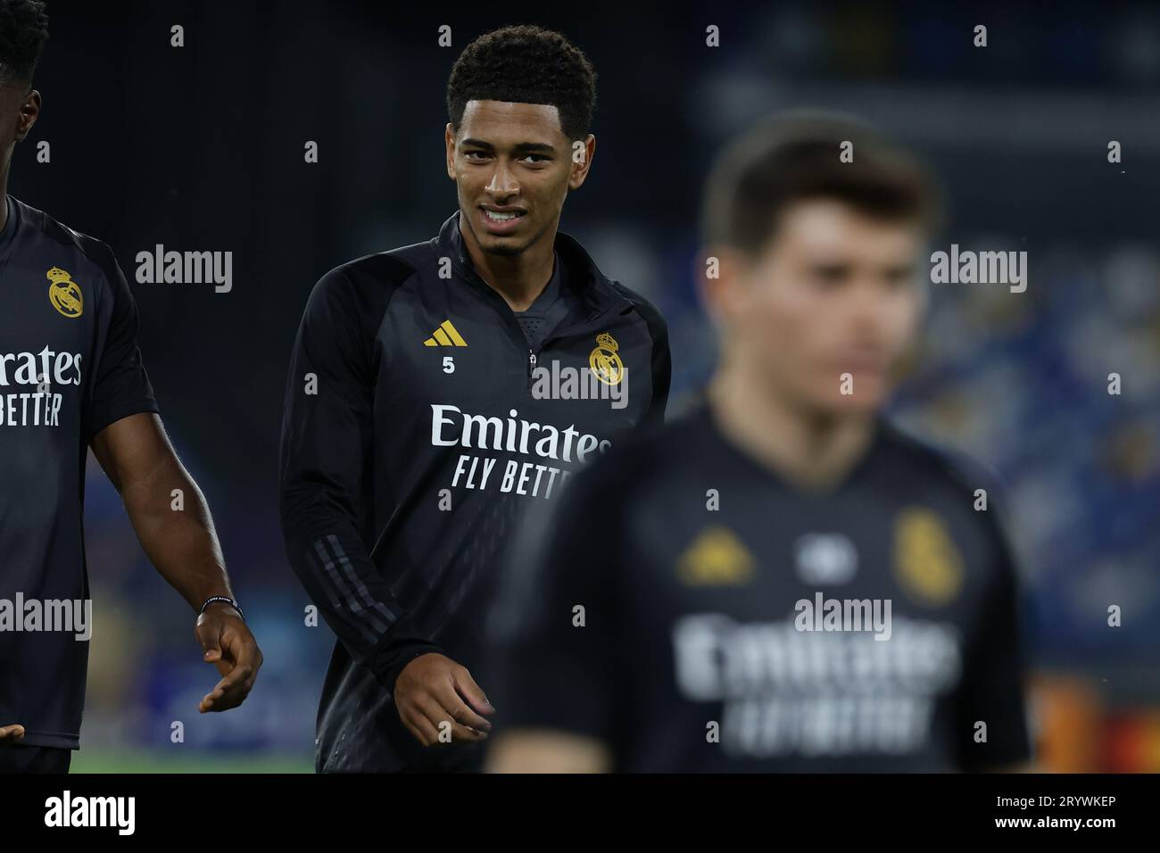 Real Madrid's English midfielder Jude Bellingham looks during training ahead of the UEFA ...