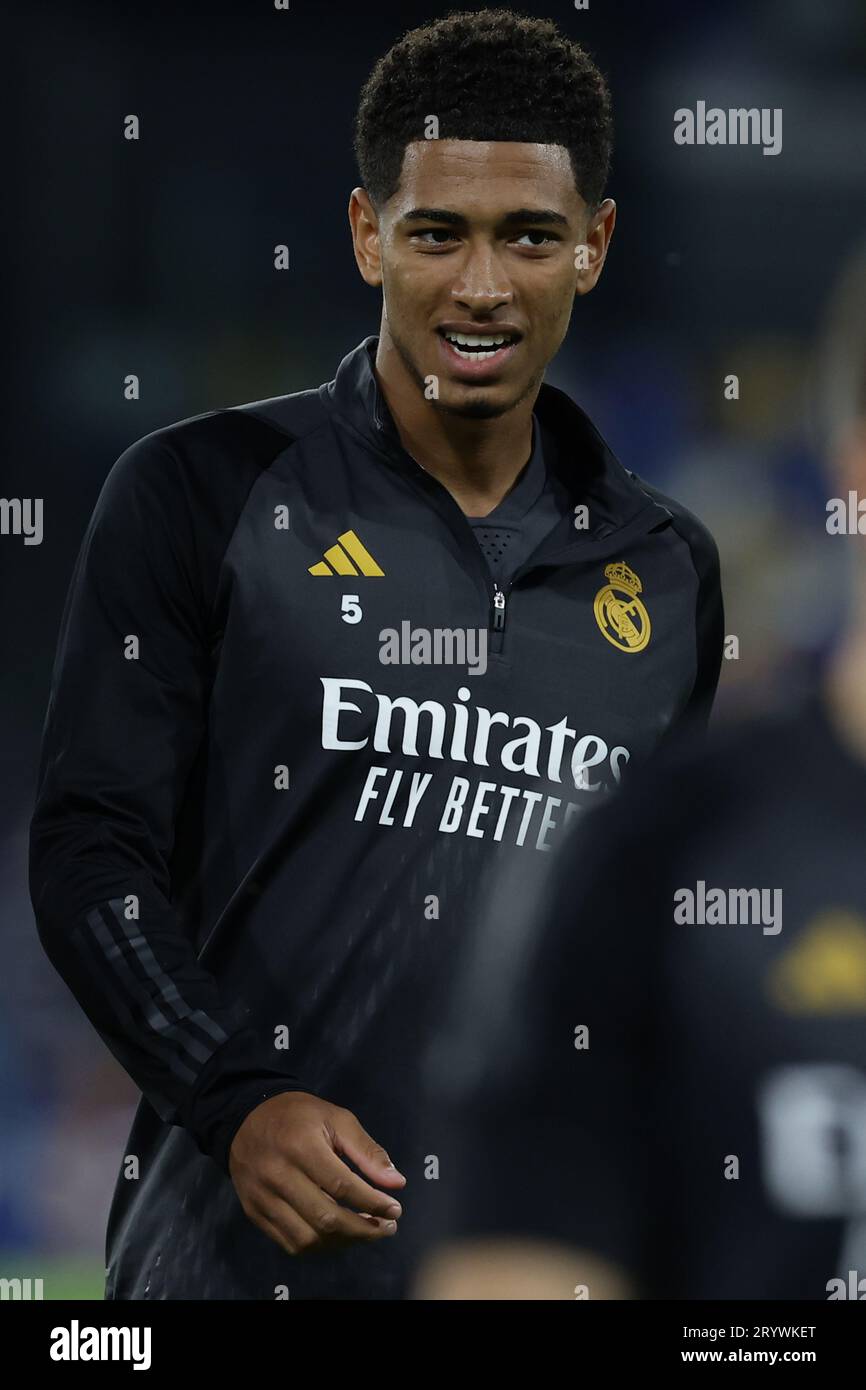 Real Madrid's English midfielder Jude Bellingham looks during training ...