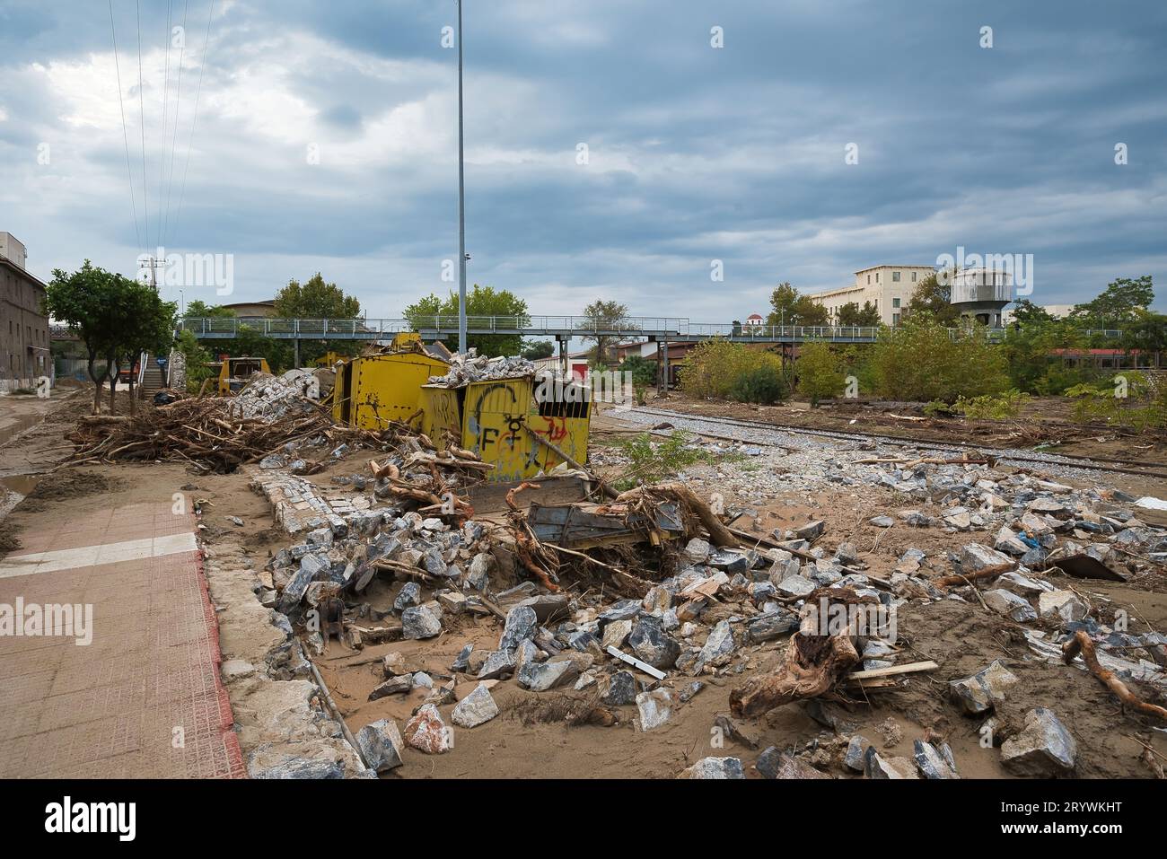 destruction of railway lines, Volos, Greece. Storm Elias. The day after ...