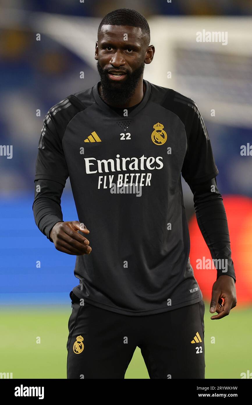 Real Madrid's German defender Antonio Rudiger gesticulate during training ahead of the UEFA ...