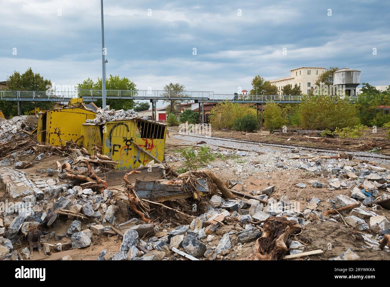 destruction of railway lines, Volos, Greece. Storm Elias. The day after ...