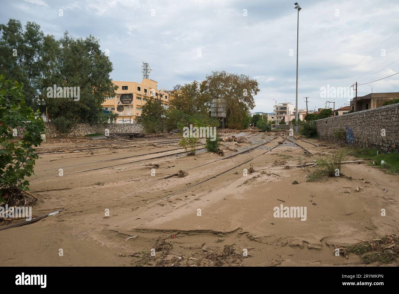 destruction of railway lines, Volos, Greece. Storm Elias. The day after ...