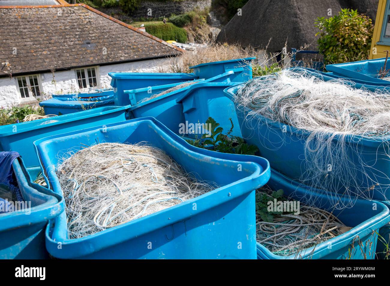 Cadgwith cove village in Cornwall and fishing tackle lines equipment in ...