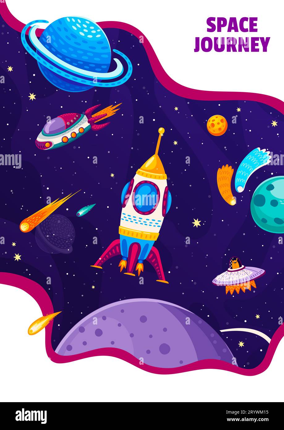 Space poster. Cartoon spaceships flying in starry galaxy space with ...