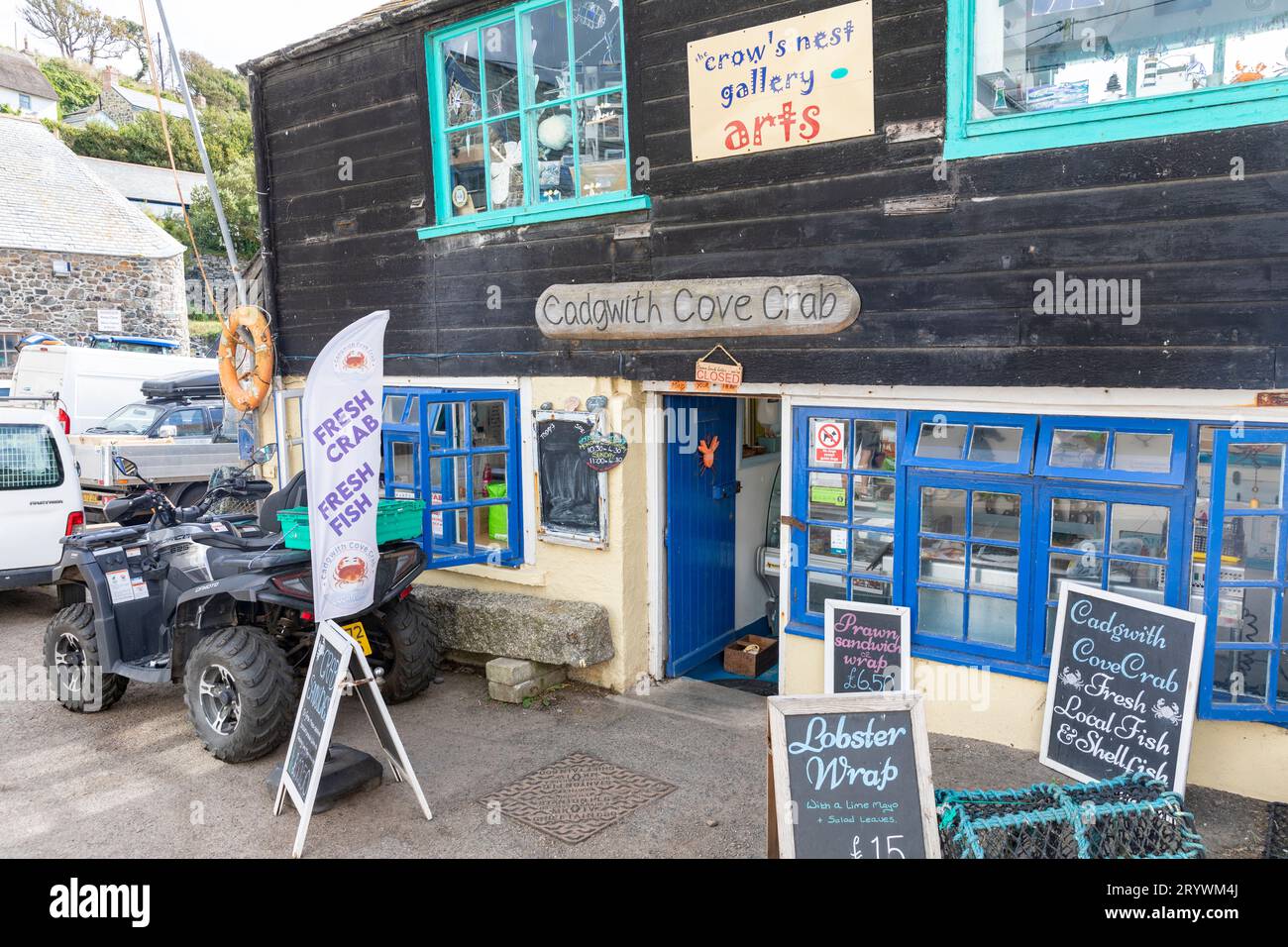 Cadgwith fishing village in Cornwall, small store shop selling fresh ...