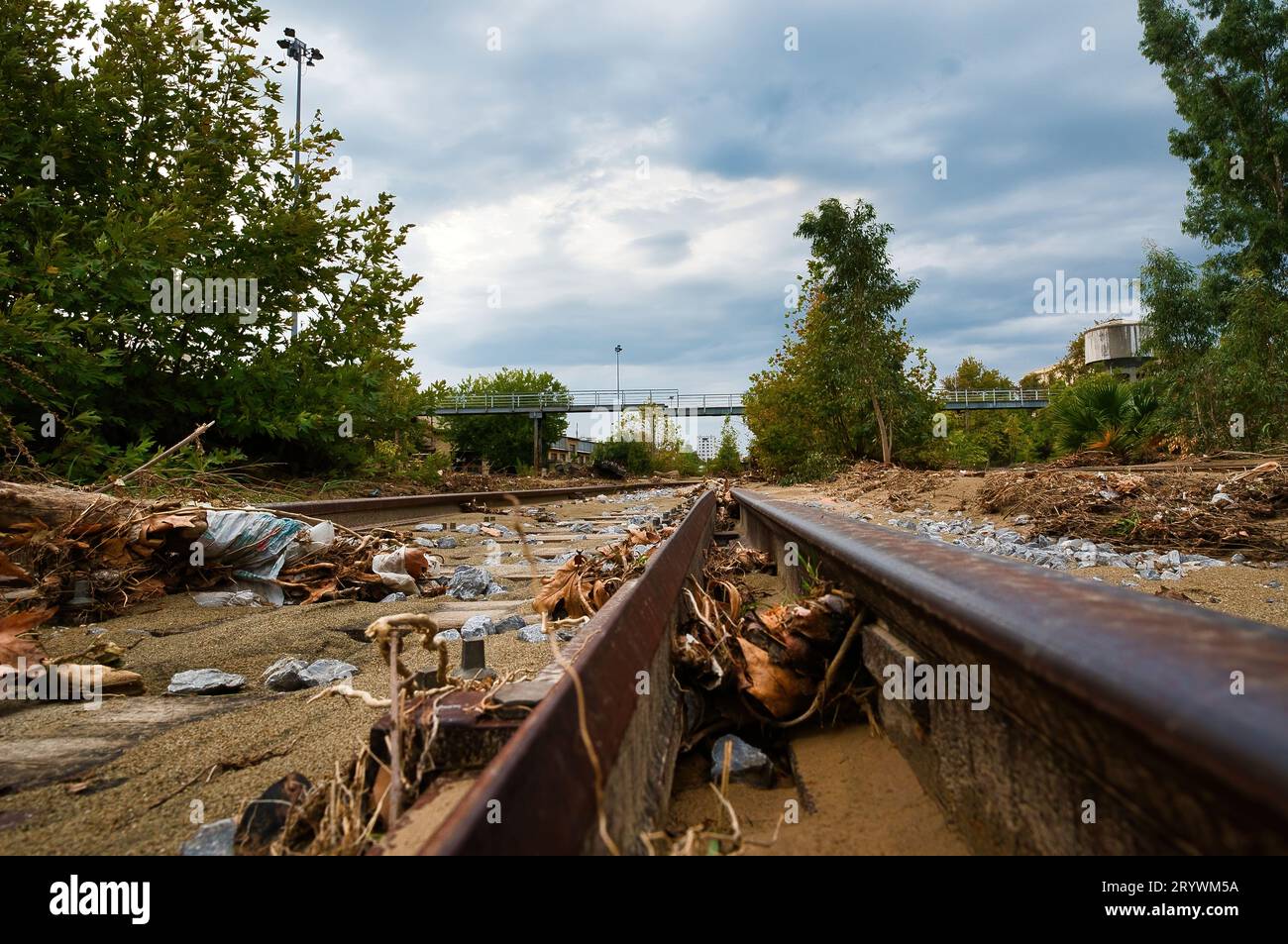 destruction of railway lines, Volos, Greece. Storm Elias. The day after ...