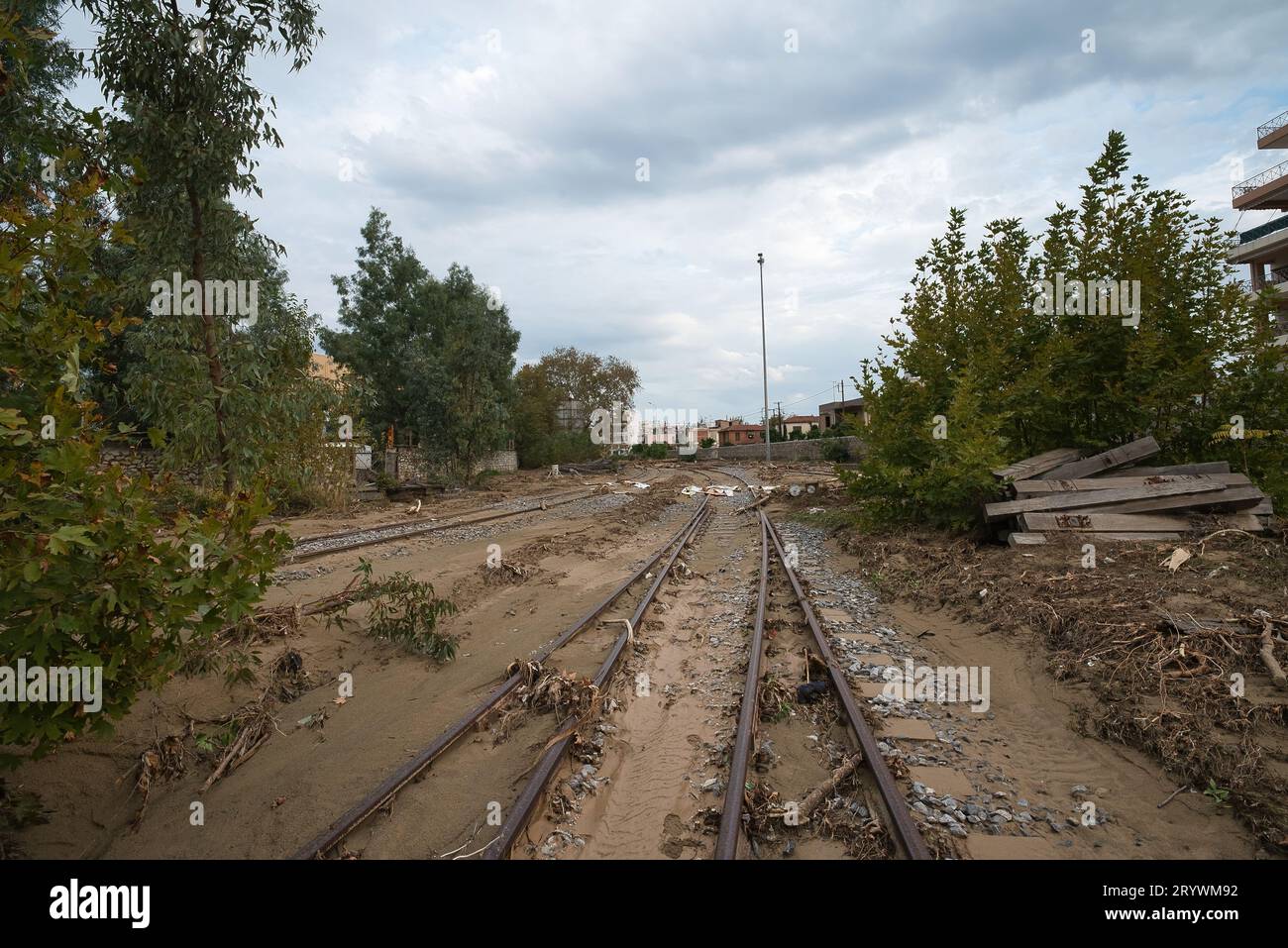 destruction of railway lines, Volos, Greece. Storm Elias. The day after ...