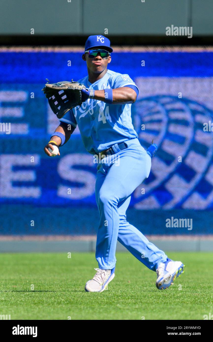 Kansas City Royals center fielder Dairon Blanco collects a single off ...
