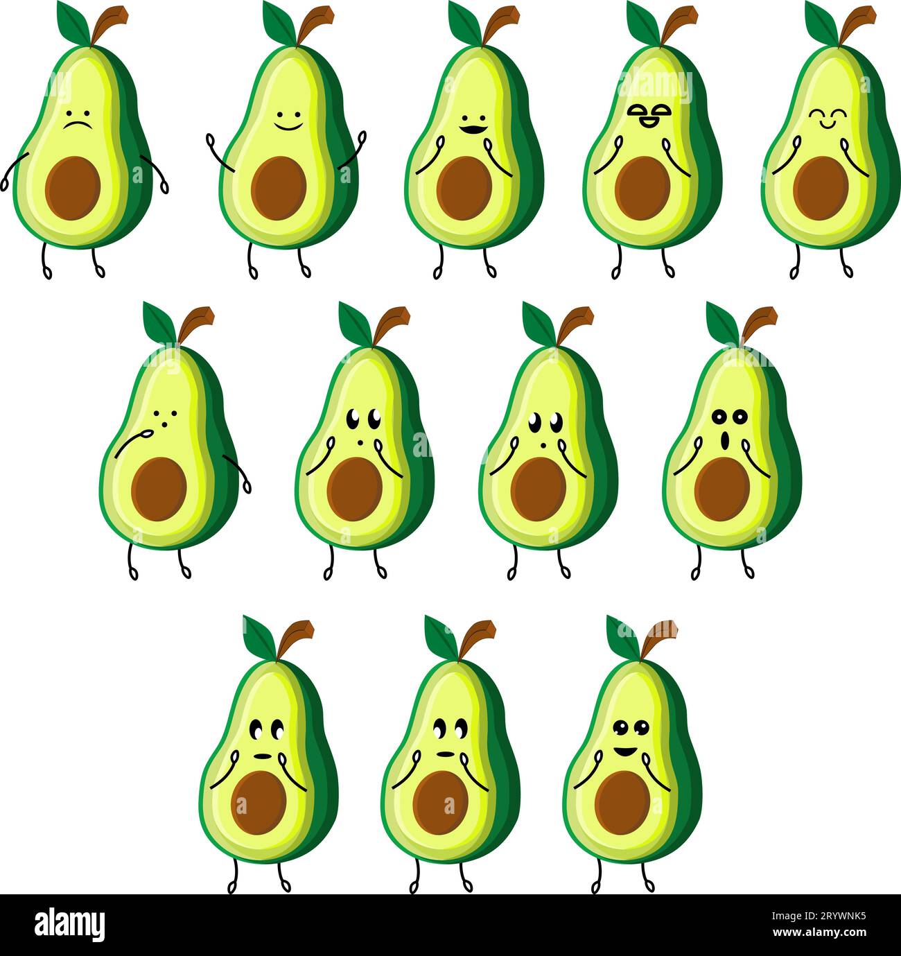 Avocado cartoon vector, set of cartoon avocados with different facial ...