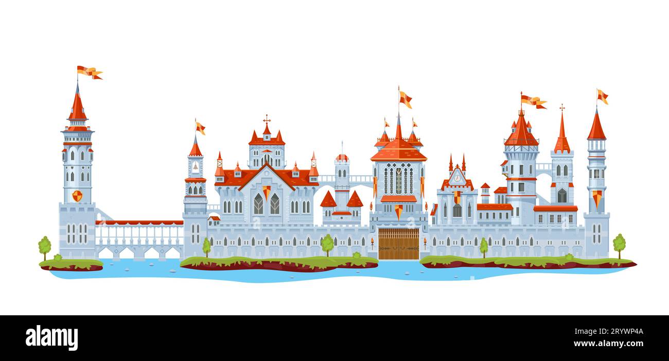 Medieval fortress castle tower and turret, wall and palace, gate ...