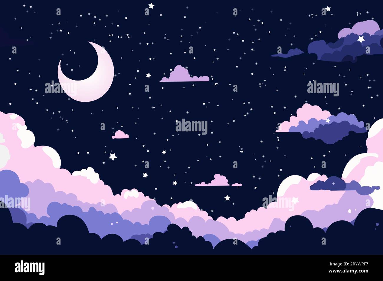 Cartoon starry background. Cloud, crescent and stars in darkness vector ...