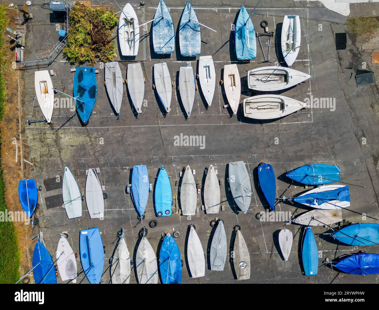 Aerial view of the sailing club. Aerial top-down view of docked ...
