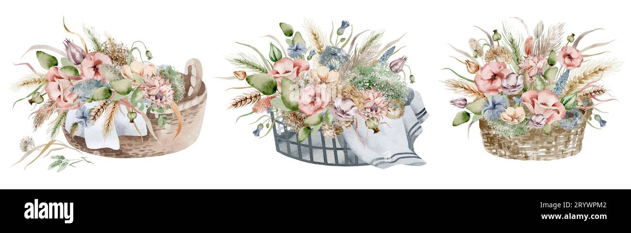 A set of watercolor illustrations of an autumn bouquet of flowers, in ...