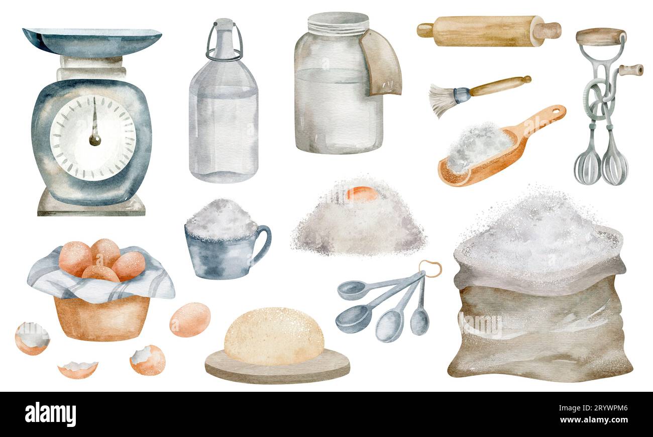 Watercolor drawing set of baking ingredients. Hand drawn sack of flour ...