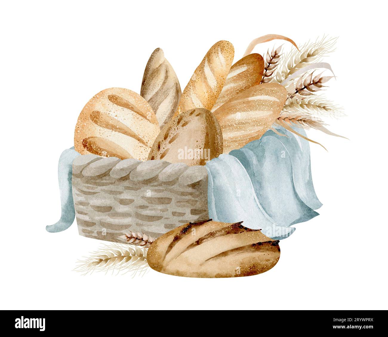 Watercolor illustration of bread in a basket. Loaf of bread, baguette ...