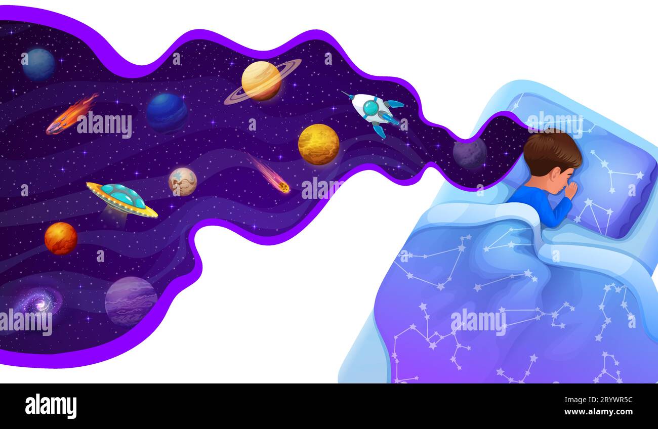 Sleeping kid in bed with galaxy space planets dream and rockets in sky ...