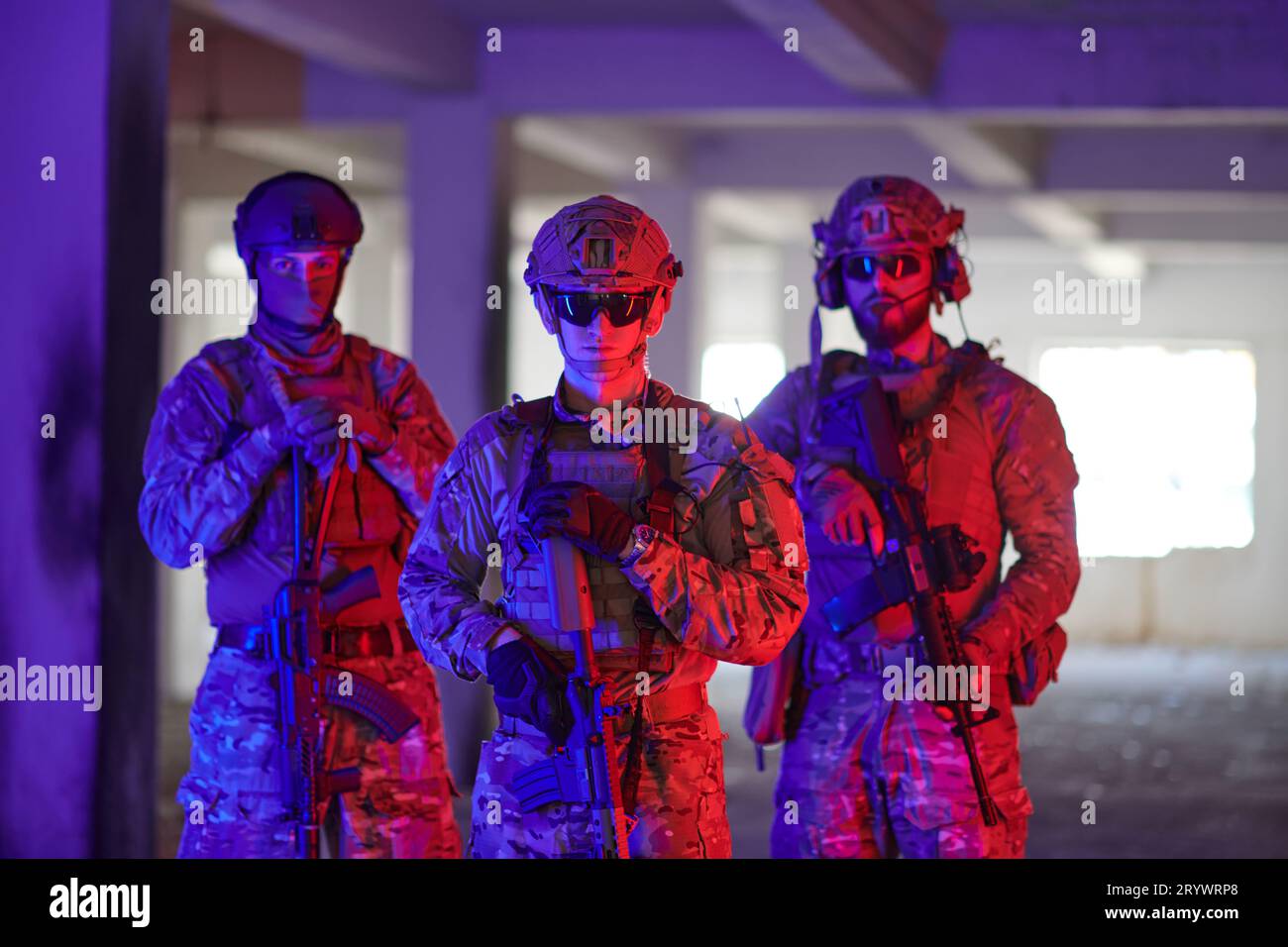 Soldier squad team walking in urban environment colored lightis Stock ...