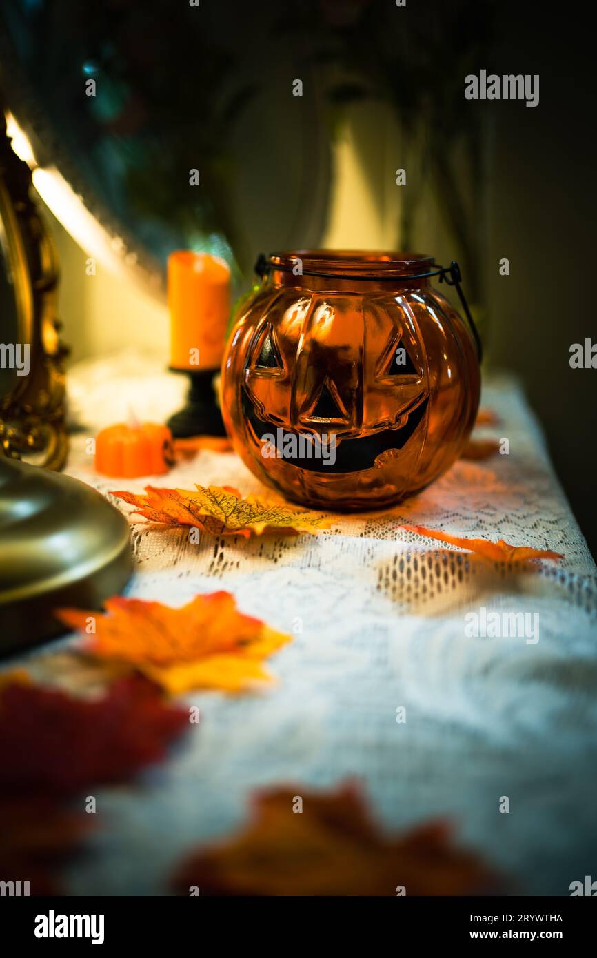 Halloween decorationsÂ background. Halloween Scary pumpkin head on ...