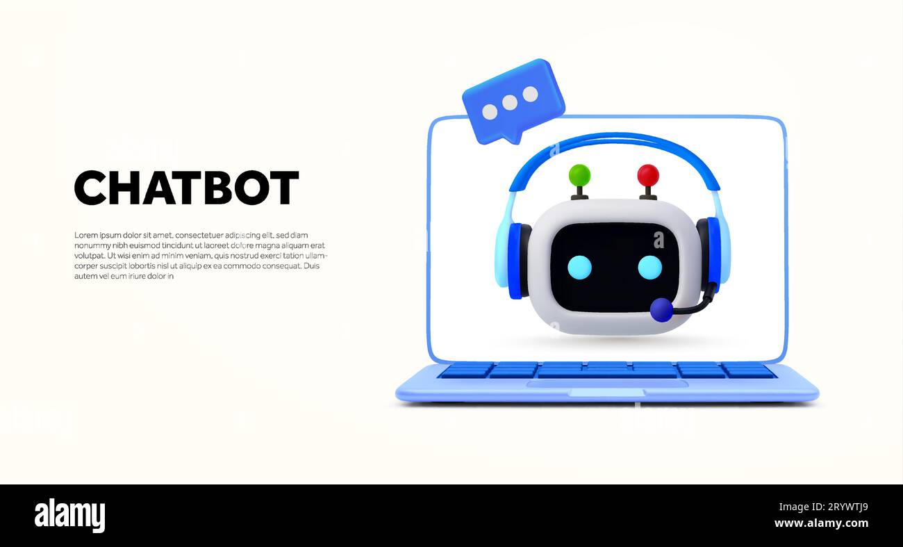 3d online chatbot banner template with robot wearing headset, laptop ...