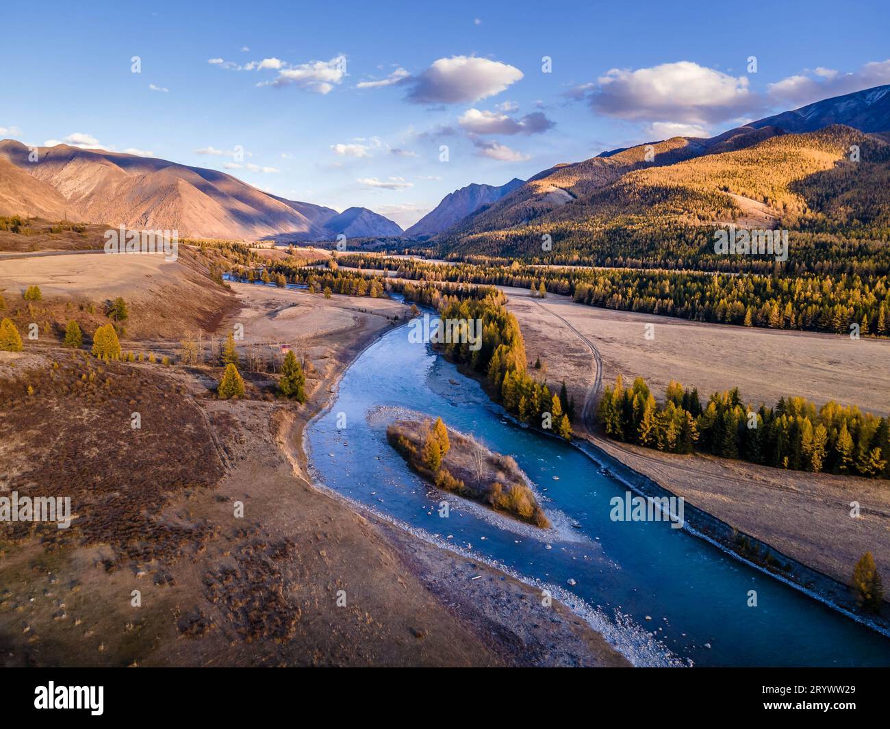 The drone photo of the scenic Katun river with the turquoise water in ...