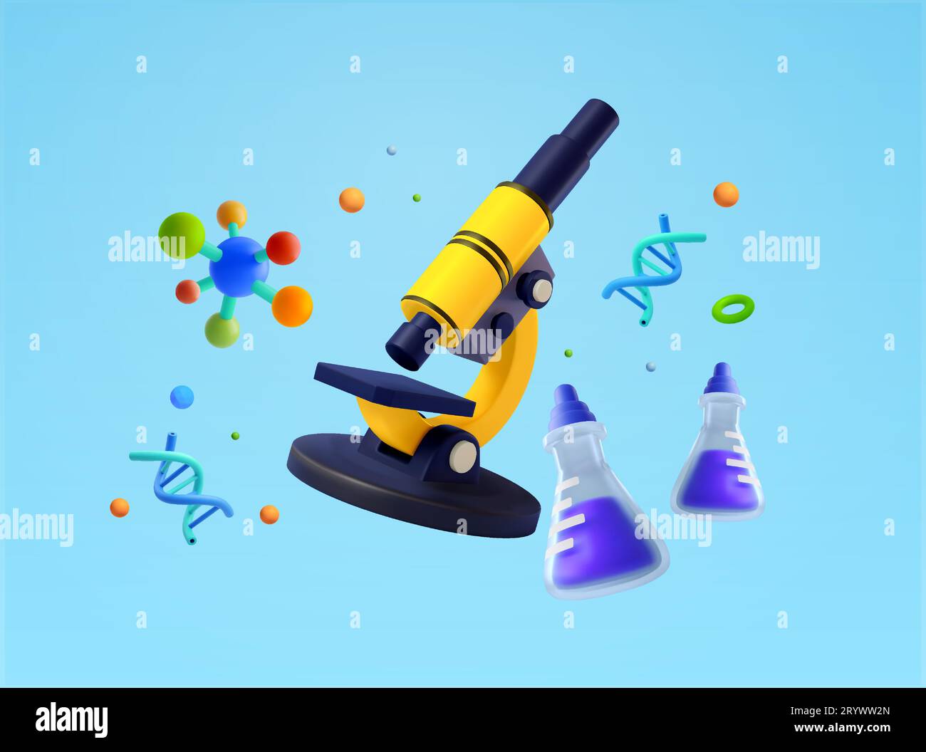 3d laboratory banner template with microscope, chemical liquid tube and ...