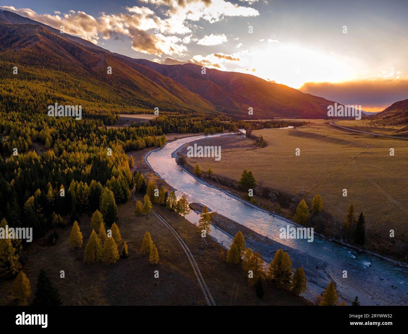 The beautiful sunset at the Katun river valley in Altai mountains ...