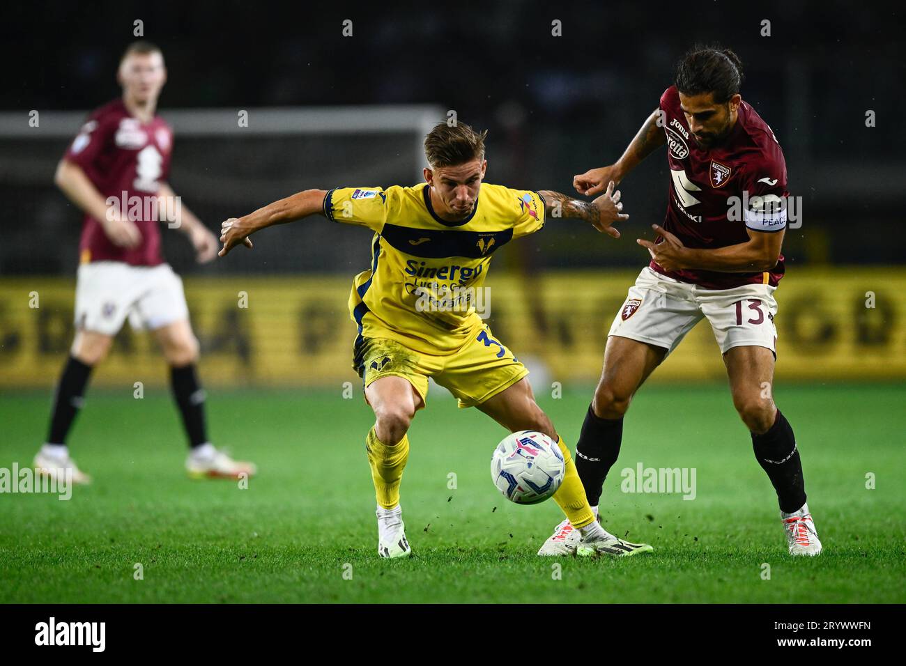 Turin, Italy. 2 October 2023. Tomas Suslov of Hellas Verona FC competes ...