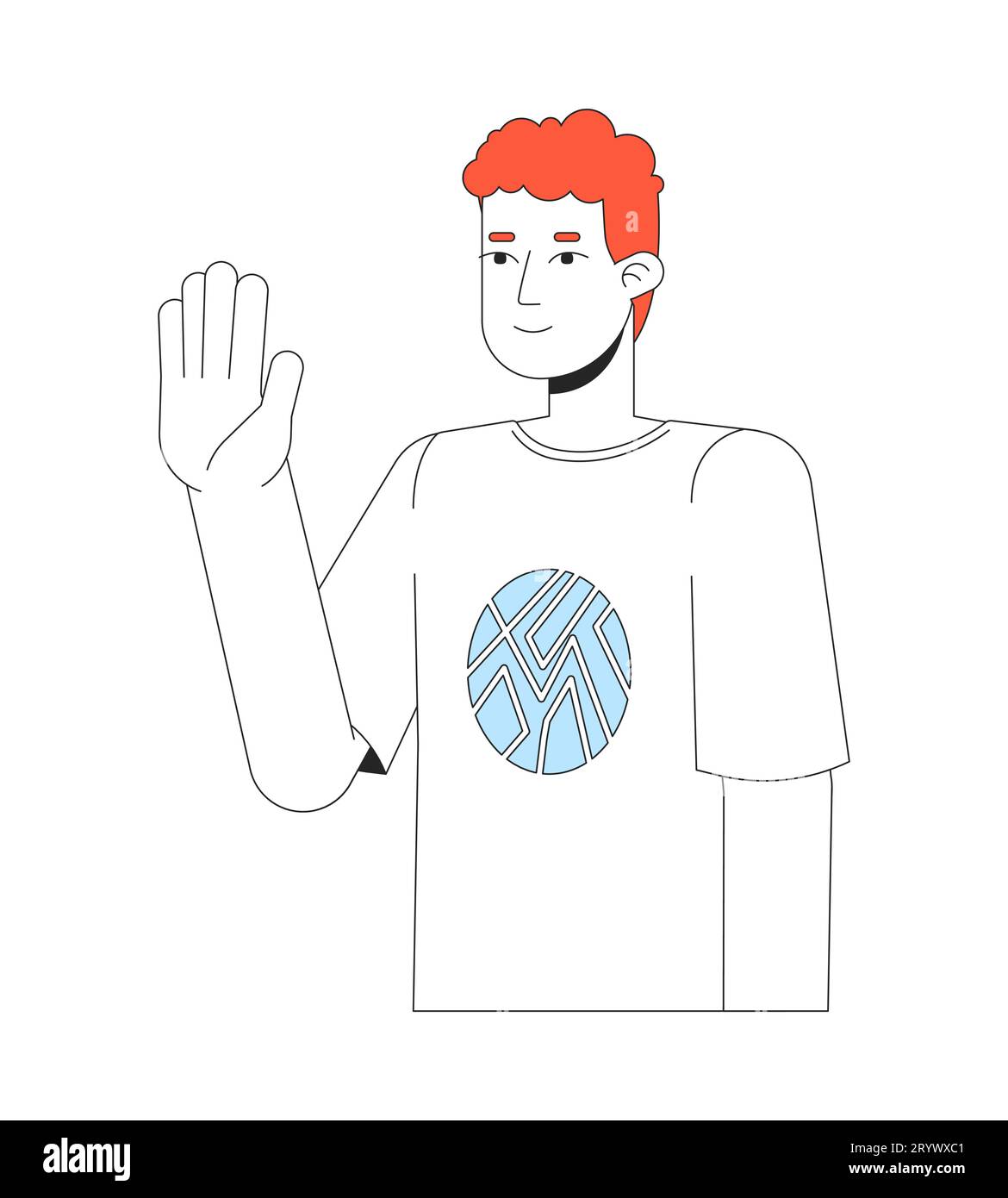 Curly caucasian young man waving happy 2D linear cartoon character ...