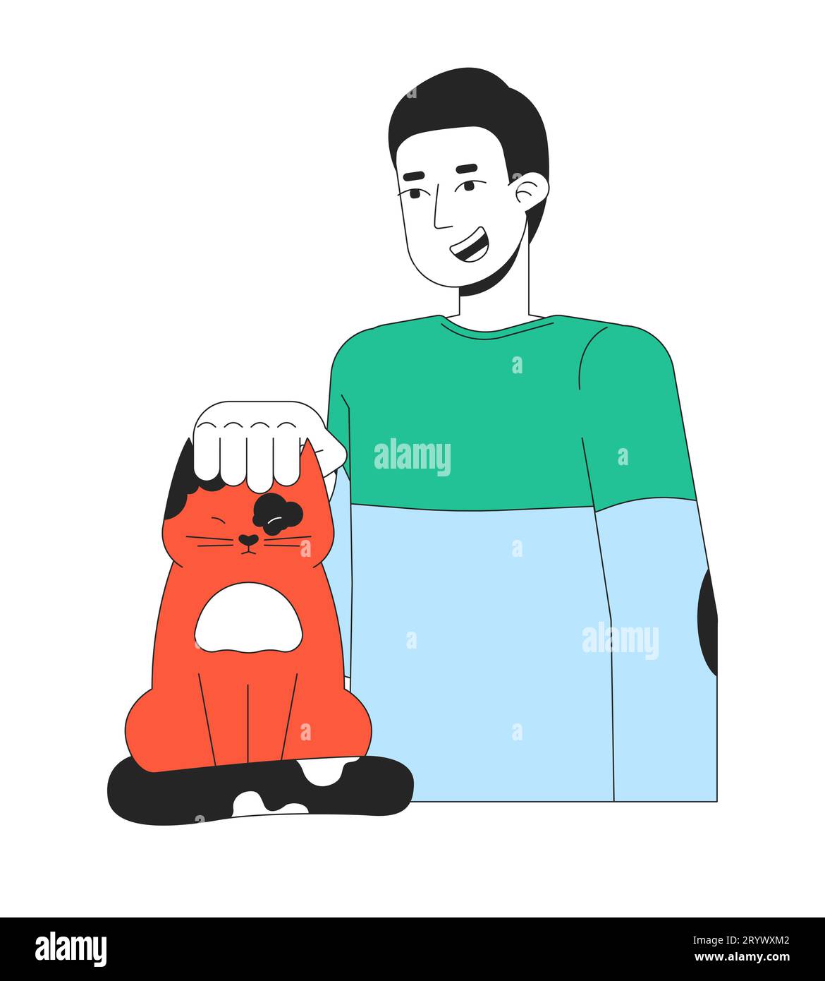 Caucasian guy gently petting cat 2D linear cartoon character Stock ...