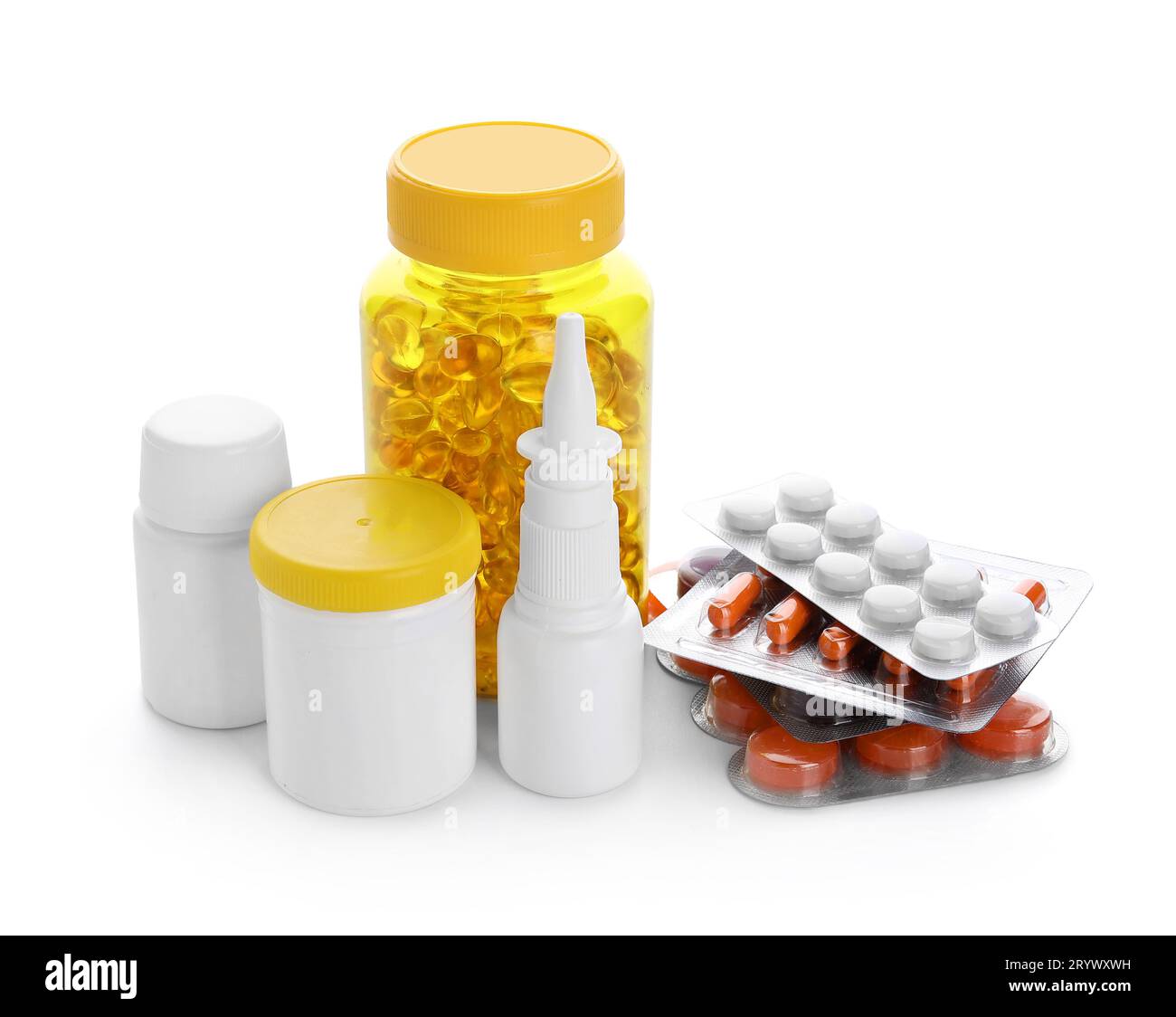 Different pills and bottles of medicines on white background Stock ...