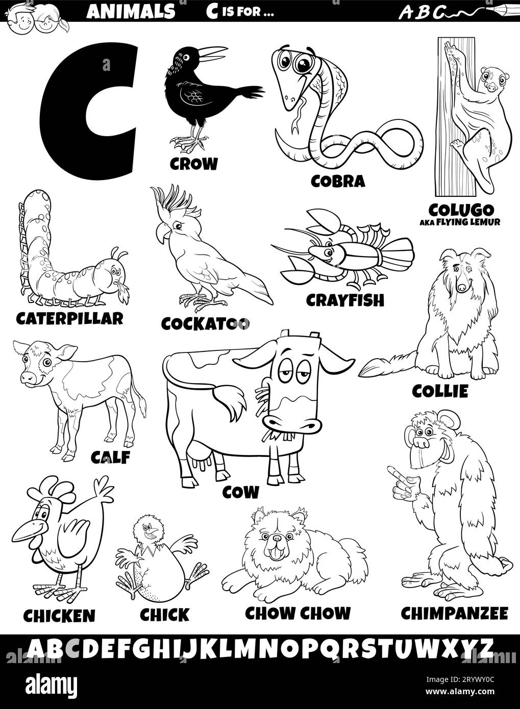 Cartoon illustration of animal characters set for letter C coloring ...