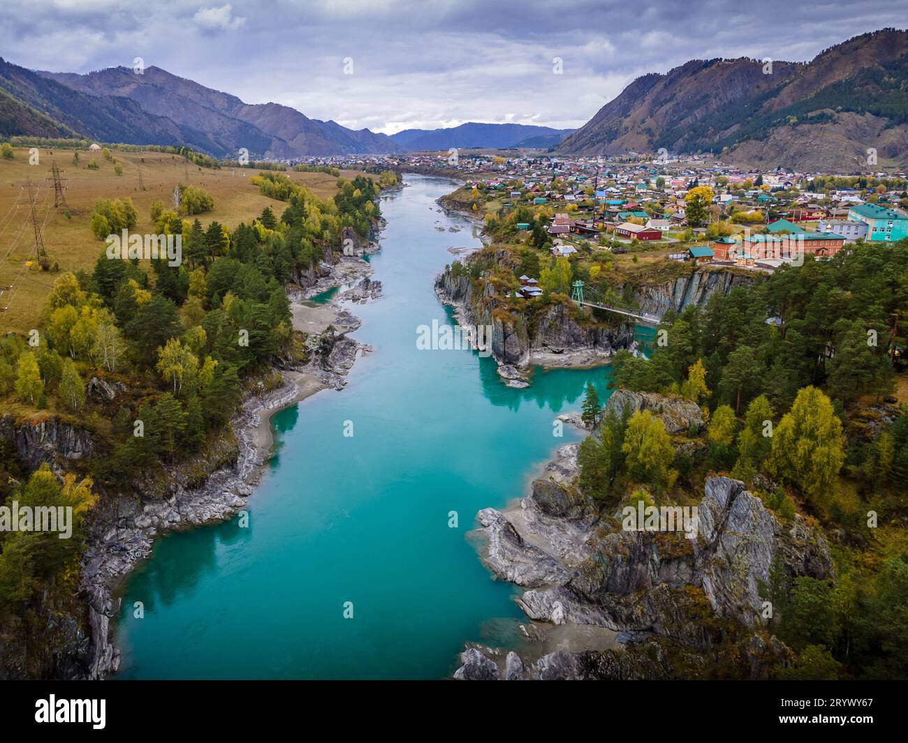 The drone photography of the Katun river with turquoise water in Altai ...