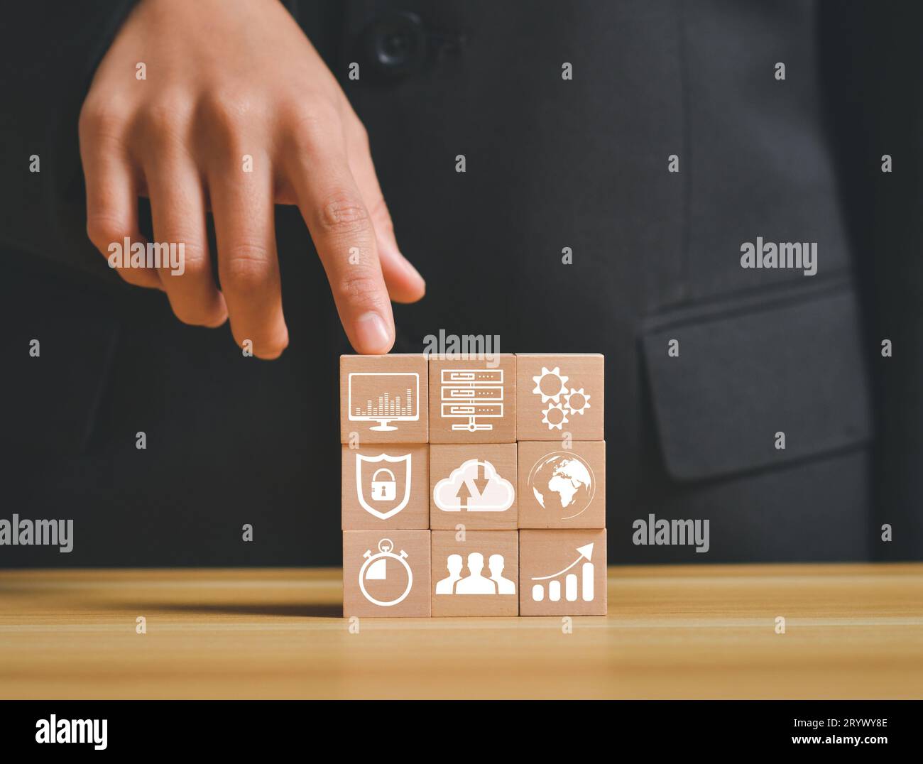 Digital transformation management with icon on wooden cube stack Stock ...