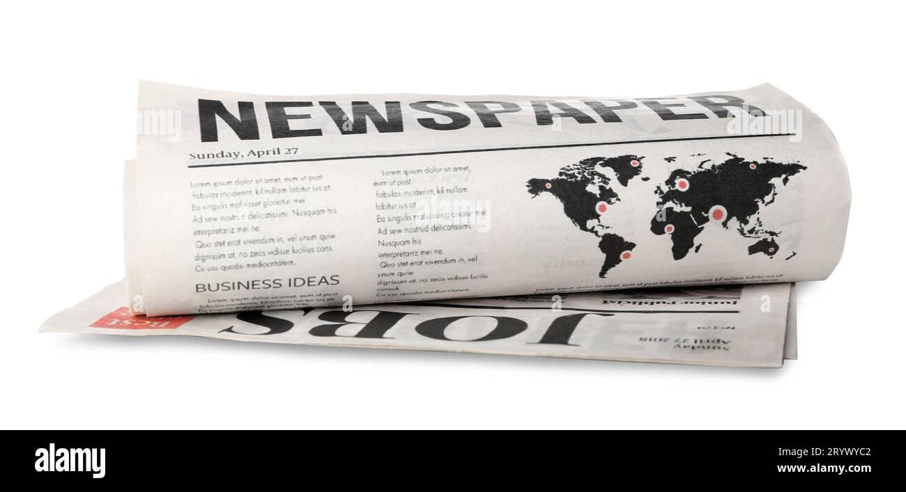 Rolled newspaper isolated on white background Stock Photo - Alamy