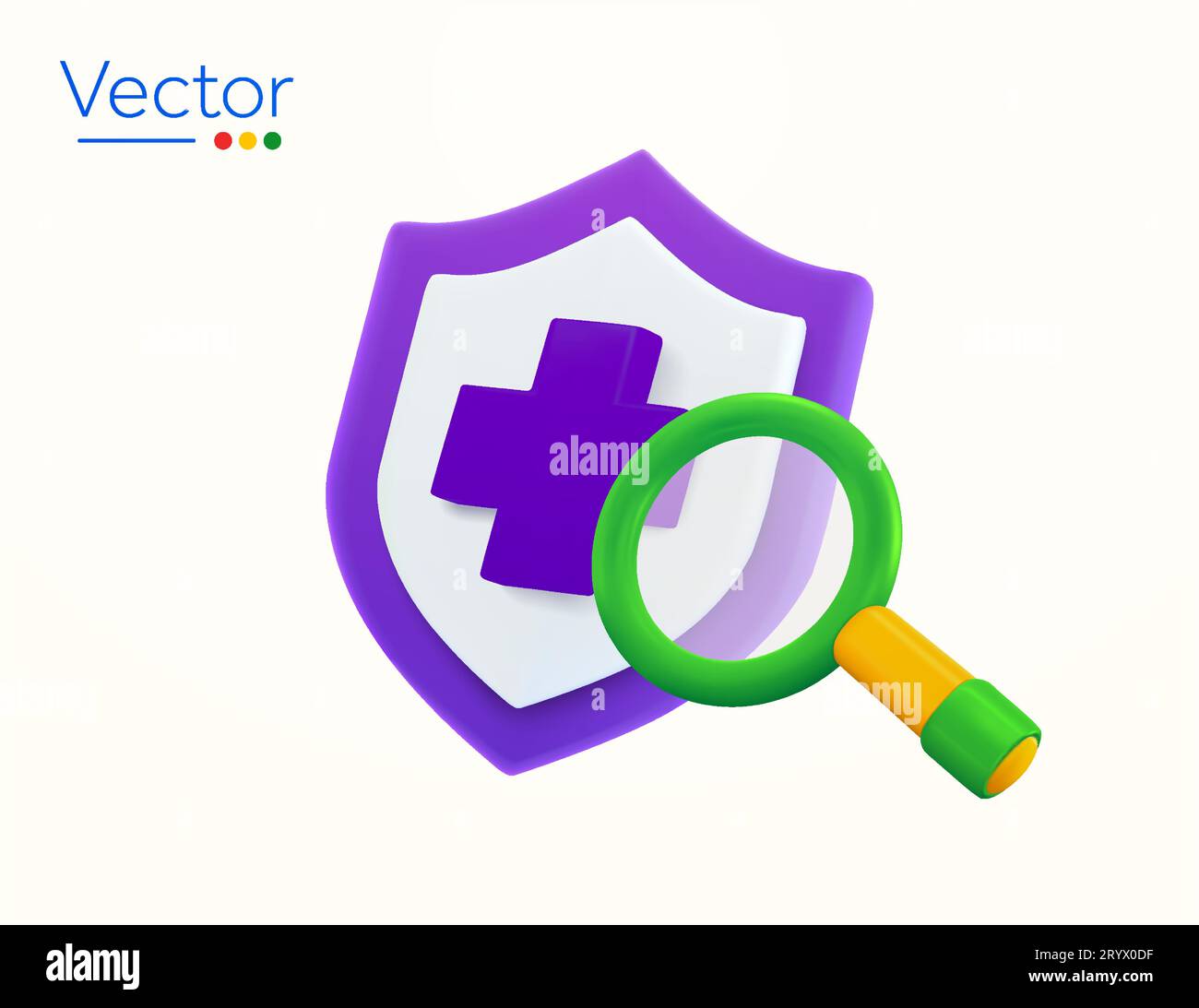 3d rendered purple shield with medic icon, green magnifying glass ...